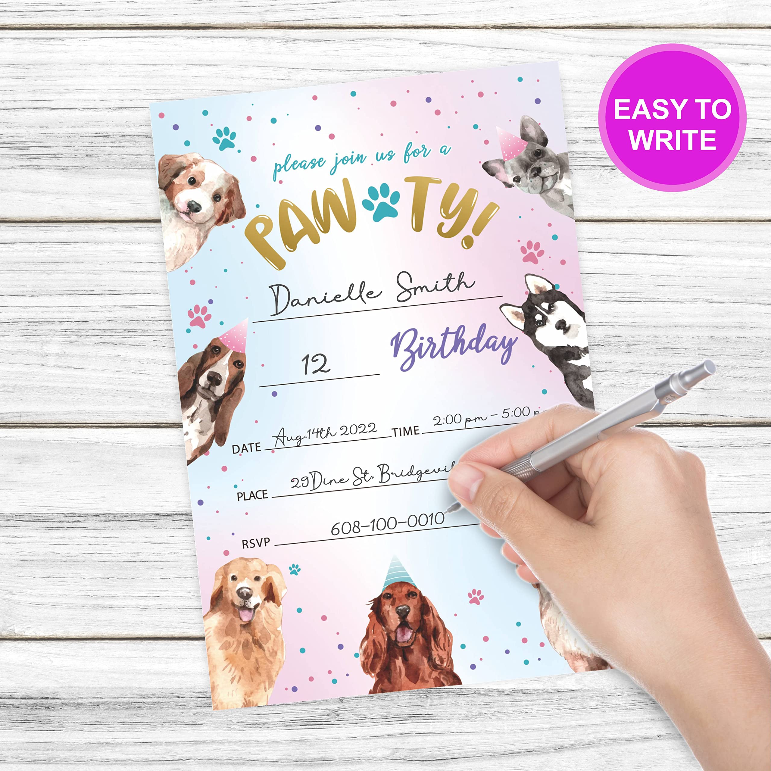 DYIRBIIY Puppy Birthday Invitations, 20 Fill-in Invites Cards with Matching Envelopes, Multicolor, Unisex-Adults
