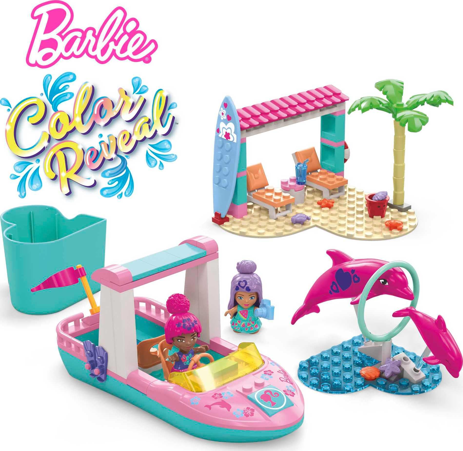MEGA Barbie Color Reveal Building Toy Playset, Dolphin Exploration with 121 Pieces, 15 Surprises and Accessories, Kids Age 5+ Years
