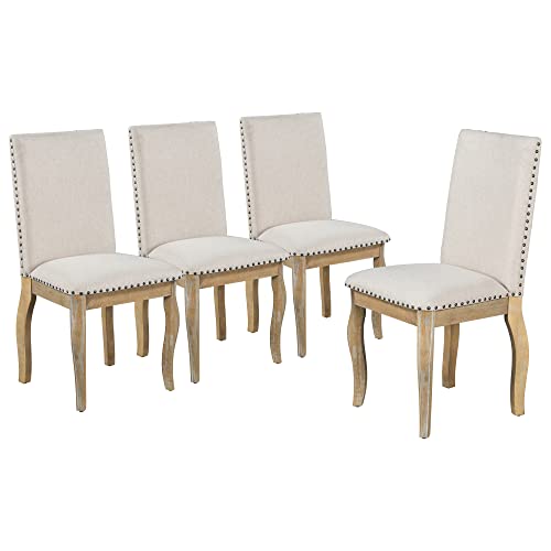 GLORHOME 5-Piece Farmhouse Set for 4 to 6 Round Extendable Table and 4 Upholstered Dining Chairs (Natural Wood Wash)