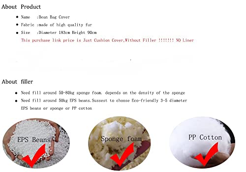 Giant Fur Bean Bag Chair Cover for Kids Adults, (No Filler) Living Room Furniture Big Round Soft Fluffy Faux Fur Beanbag Lazy Sofa Bed Cover,Snow White,6FT 180 * 90cm(Snow White)