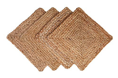 GLAMBURG Jute Braided Placemats Set of 4 Reversible, 100% Jute, Nonslip 13x13 Square Farmhouse Vintage Jute Placemats for Dining Table, Perfect for Indoor Outdoor, Natural