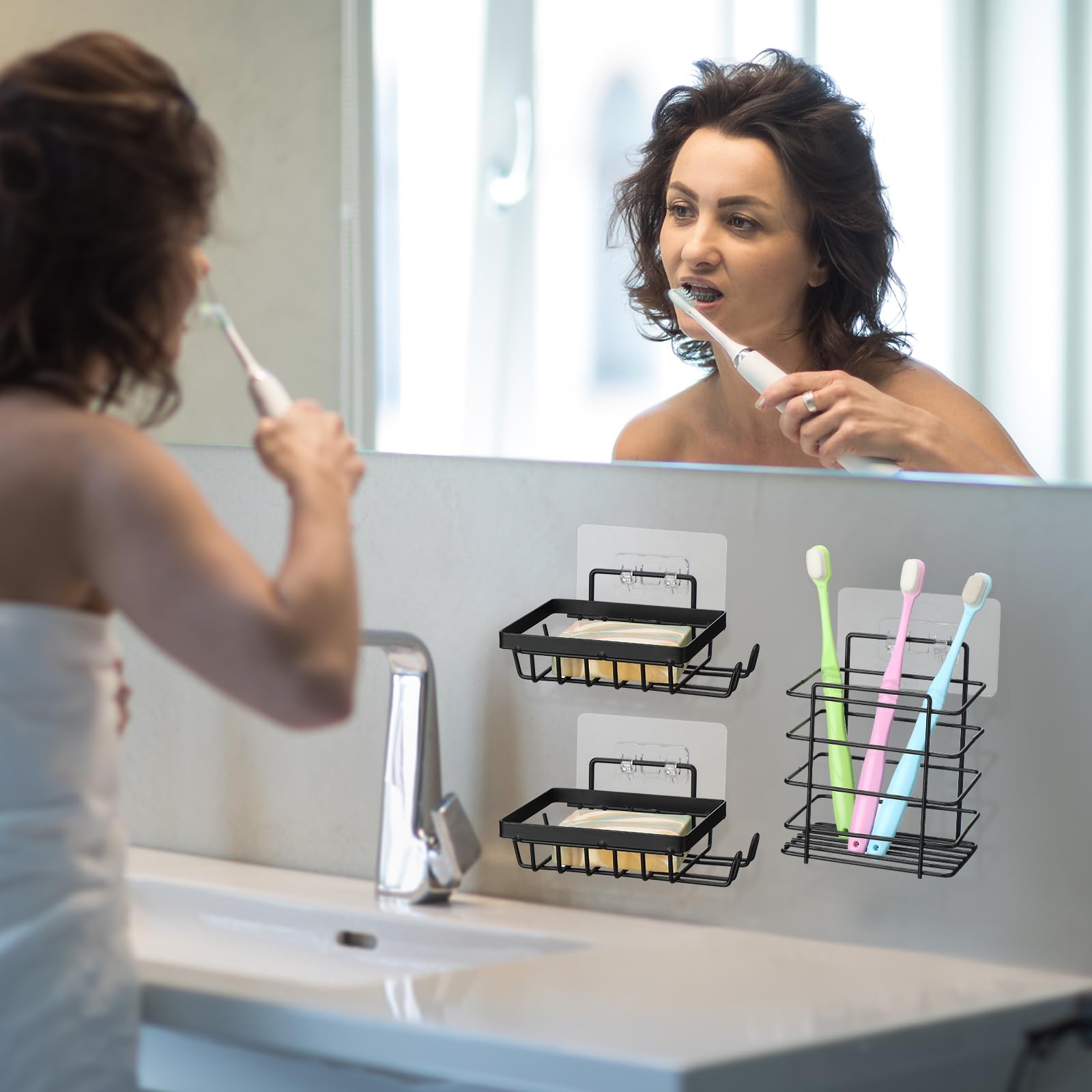 Blulu 18 Pcs Shower Caddy Bathroom Organizer Set Include Adhesive Black Bathroom Shelves Soap Caddy Toothbrush Holder Hair Dryer Holder Wall Mount Razor Holder Adhesive Hooks for Storage Washcloth