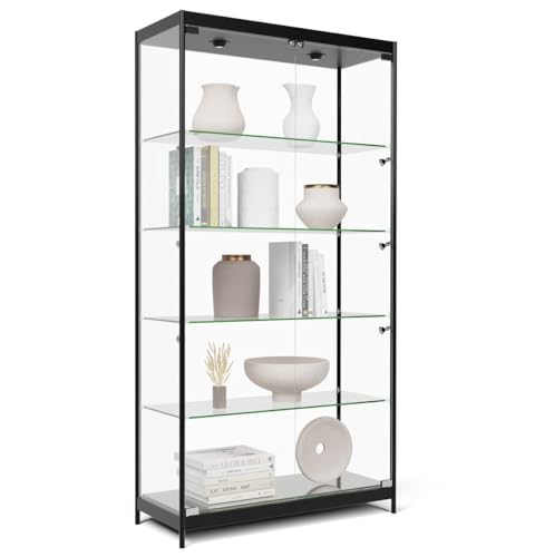 Displays2go Black LED Trophy Showcase, Locking, LED Lighting, Tempered Glass, Laminated MDF & Aluminum â Black (LESC10478B)