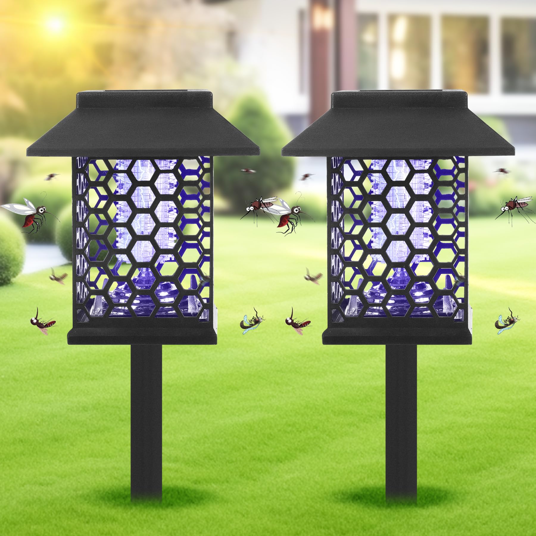 Jahy2Tech 2 Pack Solar Bug Zapper Outdoor Solar Powered Mosquito Zapper Killer Lamp Fly Zapper Repellent Lighting Stake Landscape Fixture for Garden Patio Pathway Backyard Camping, Black