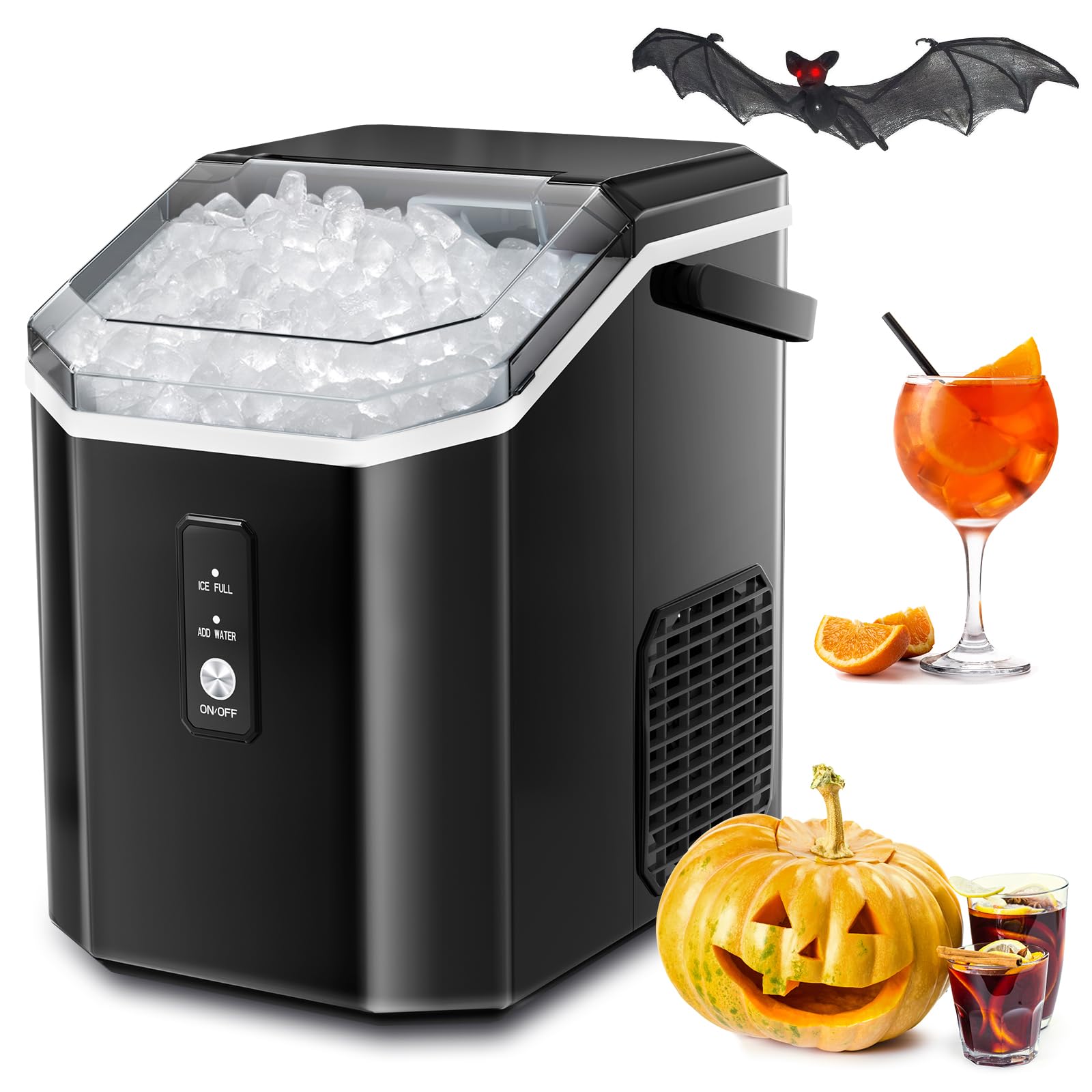 Xbeauty Nugget Ice Makers Countertop, Crushed Ice Maker with Handle 35Lbs/24H,Soft Chewable Ice, Pebble Ice Maker with Self-Cleaning, Ice Scoop& Basket,for Home,Office,Kitchen（Black）