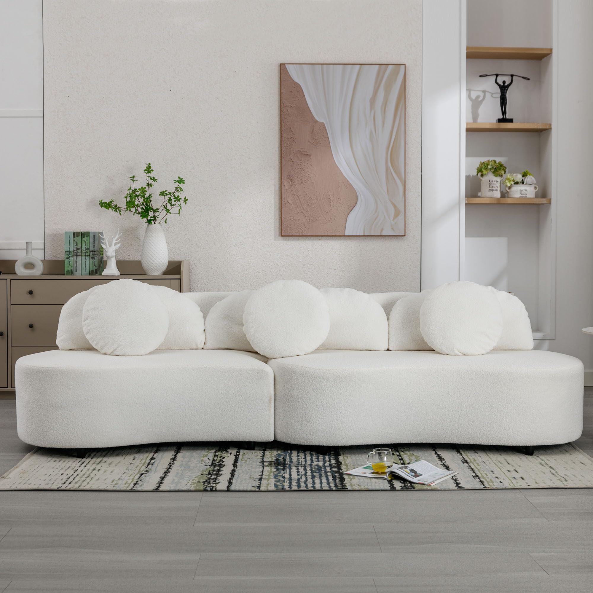 DREAMODERN 103.9" Upholstered Sofa Couch, Modern Lamb Velvet Sectional Curved Couch with 3 Pillows for Living Room, Home or Office - Beige