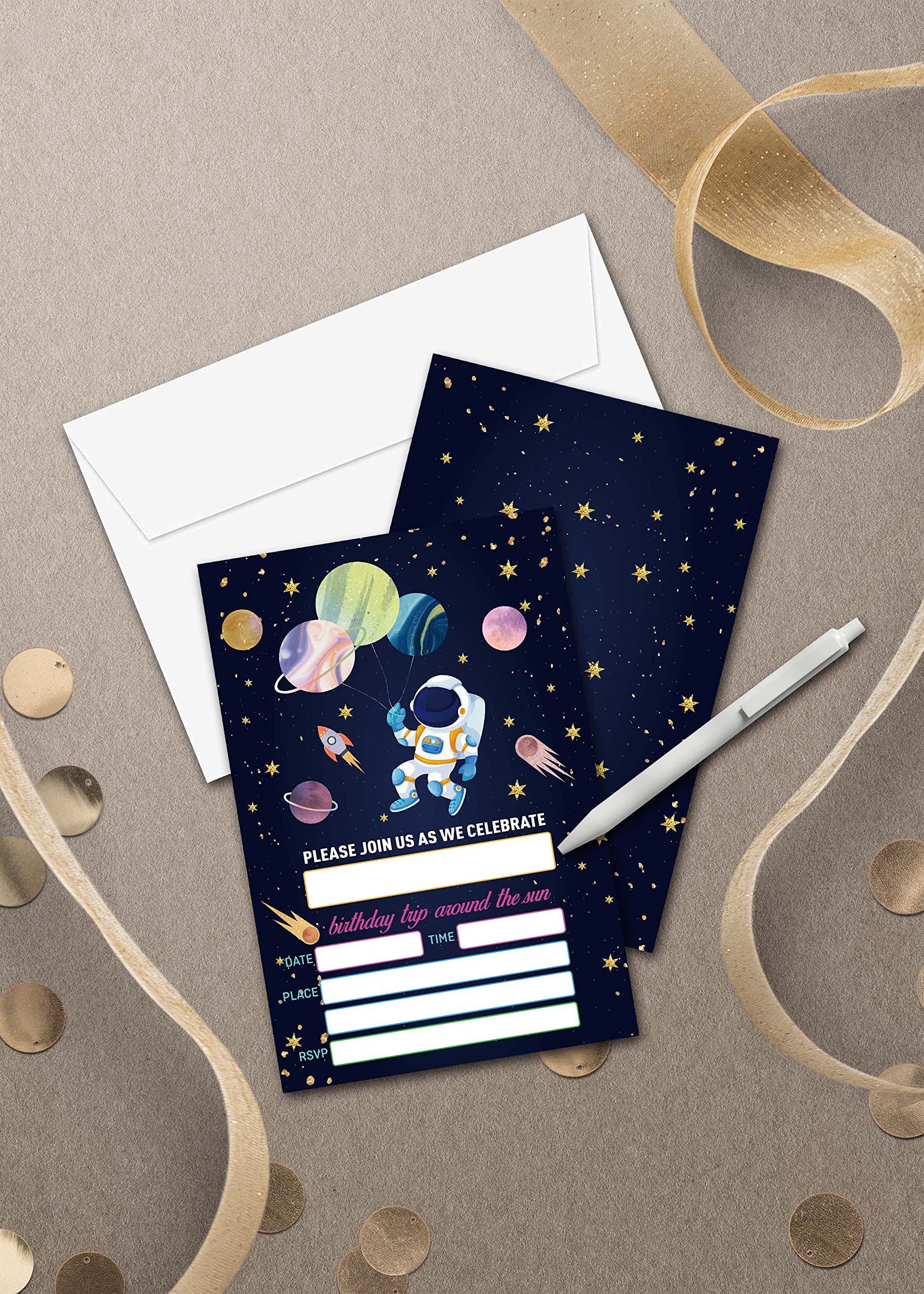 Disfuco Outer Space Birthday Party Invitations - Galaxy Space Party Supplies - Fill in The Blank Birthday Party Invites - 20 Invitation Cards With 20 Envelopes (B10)