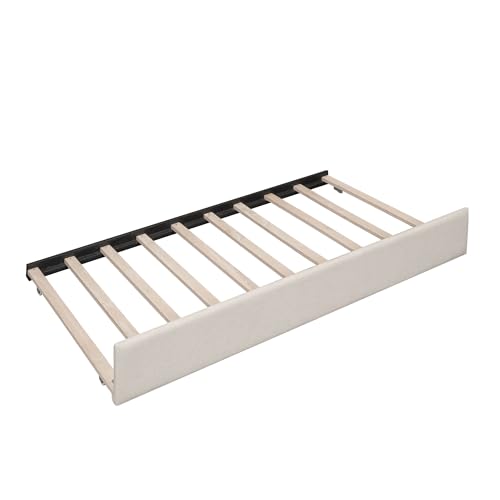 CABSETT Queen Size Upholstered Platform Bed with Trundle, Wood Daybed Frame Sofa Bed with USB for Bedroom Living Room Guest Room, Wood Slat Support, Space Saving Design, Beige
