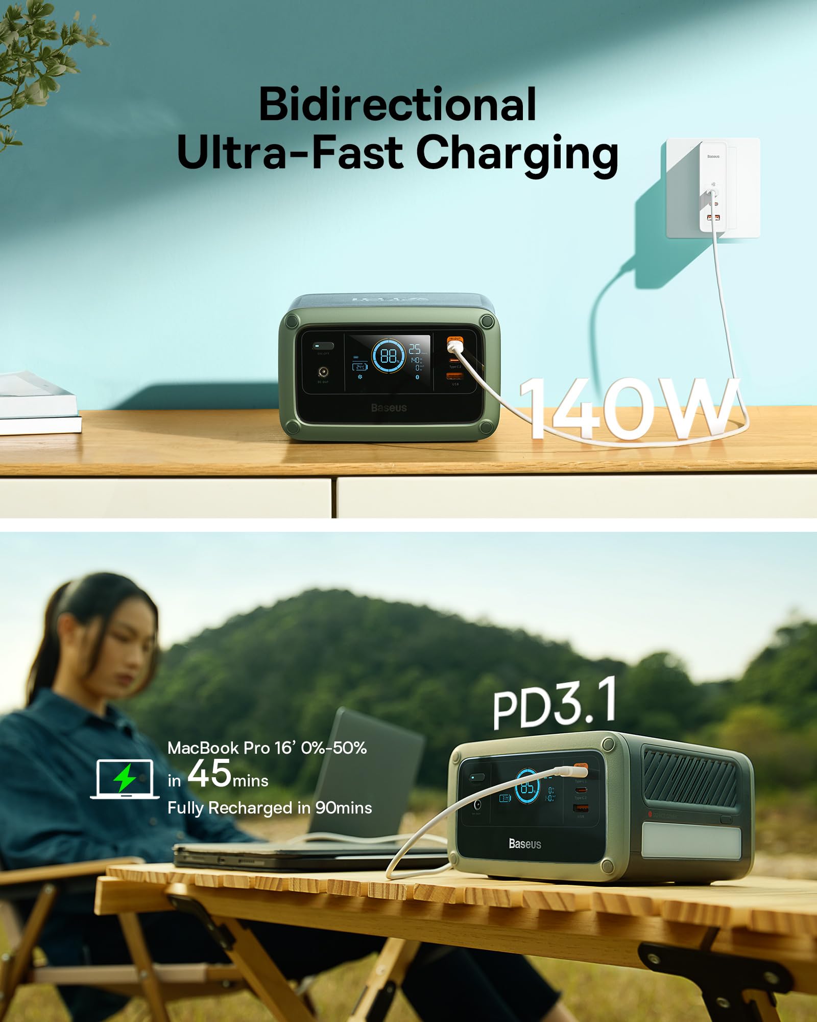 Baseus Laptop Power Bank 140W - 48,000mAh 6-Port Portable Power Station with 2 AC Outlets, Smart Digital Display, LED Light, LiFePO4 Backup Battery Pack for MacBook, Dell, Travel, Outdoor Camping