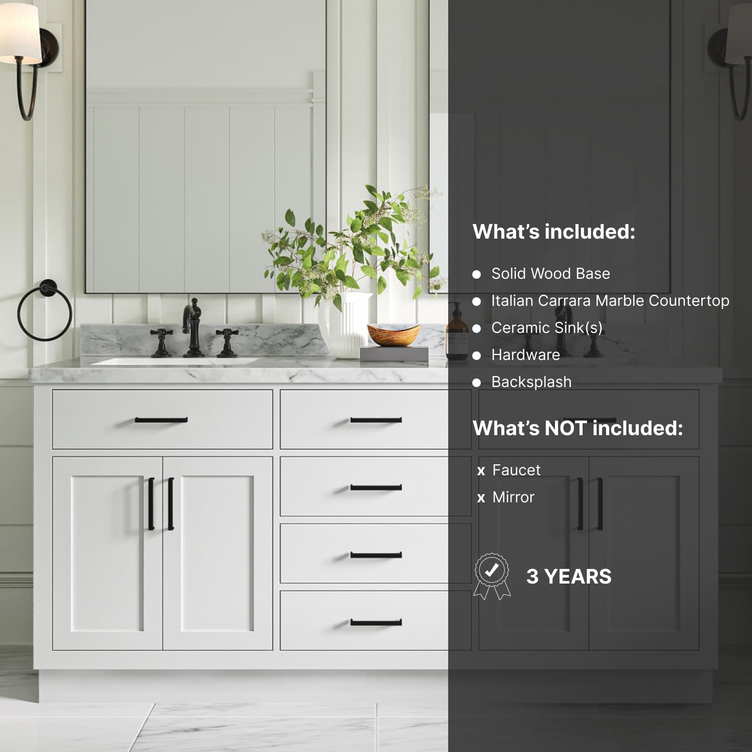 DKB Isabella Double Vanity 73" White with 1.5" Edge Italian Carrara Marble Countertop & Splash, Rectangular Sinks, 4 Soft Closing Doors, 6 Full Extension Dovetail Drawers, Toe Kick, Matte Black