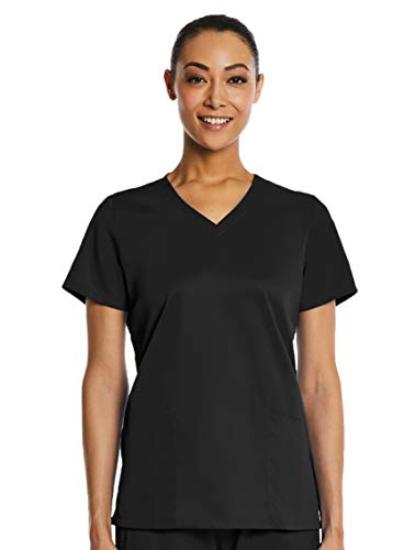 Scrubs for Women Set 6 Pocket 4-Way Stretch V-Neck and Semi-Tapered Pant Elements EL9925 (Black, Medium)