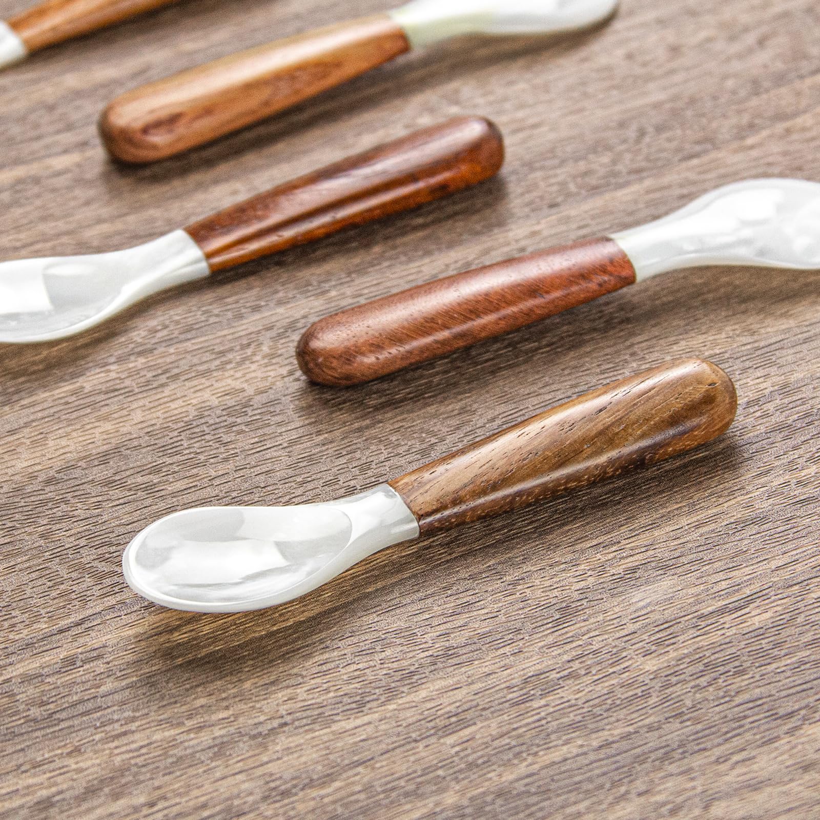 DUEBEL Set of 6 Caviar Spoons of Wood Handle, 4" Mother of Pearl Spoons for Caviar Serving, Egg Serving, Catering Deroration