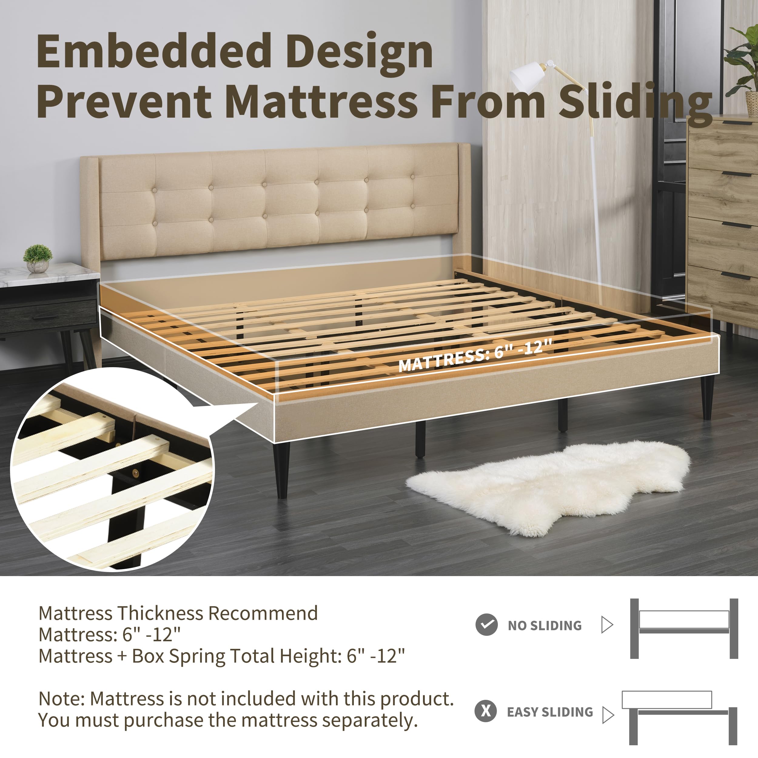 PrimeZone Queen Size Bed Frame - Modern Platform Bed Frame with Wingback Tufted Headboard, Linen Fabric Upholstered Bedroom Bedframe with FSC-Certified Poplar Wood Slats, No Box Spring Needed, Grey