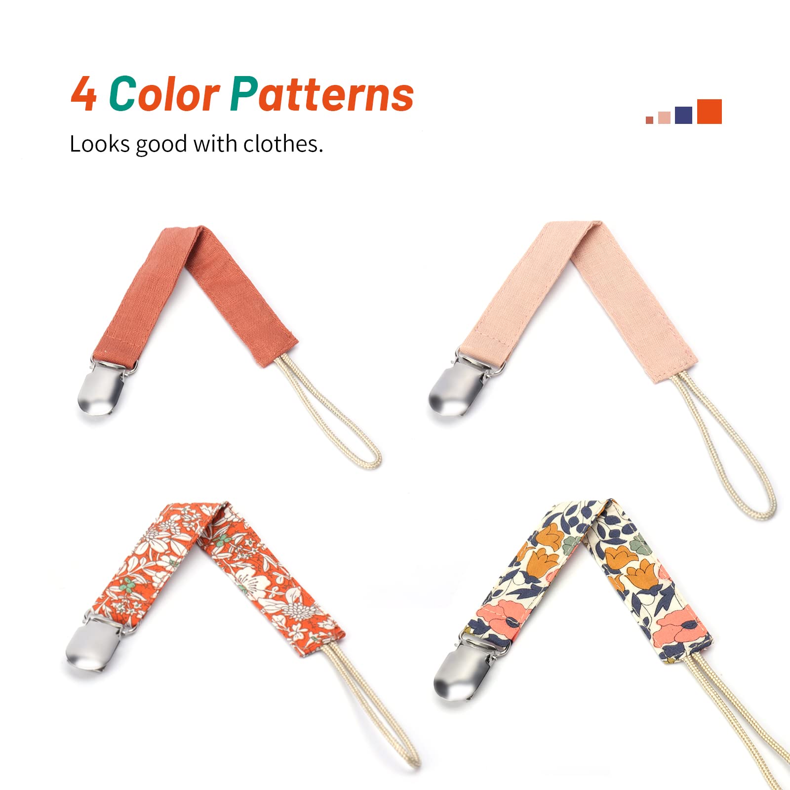 Pacifier Clips Baby Girl, Binky Clip Holder, 4 Pieces, Cotton and Linen Soft Fabric, for Babies During Teething