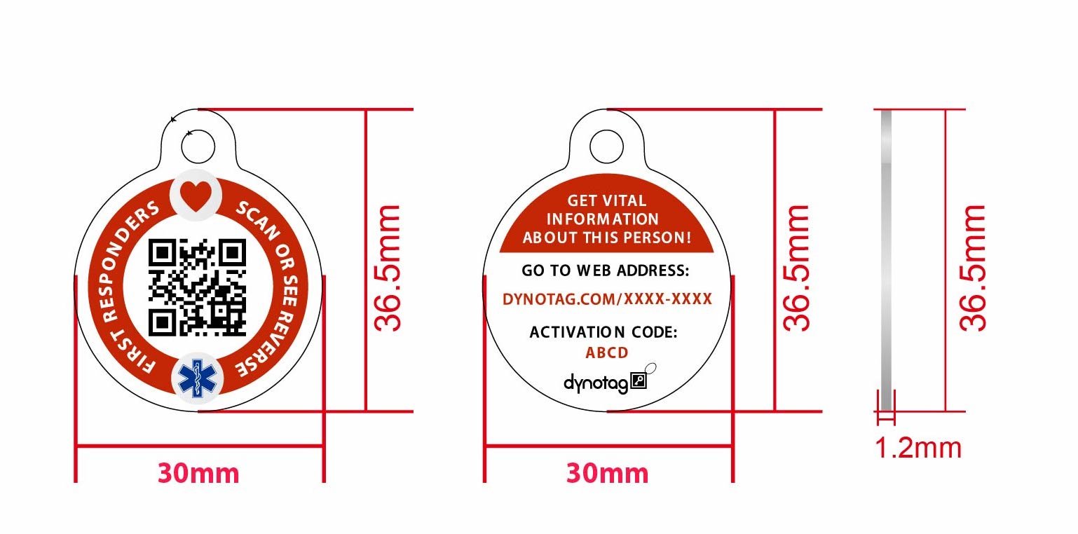 Dynotag® Web Enabled Smart Medical ID/Emergency Information Round Steel Tag - 30 mm. Includes Lobster Clasp, with DynoIQ™ & Lifetime Service.