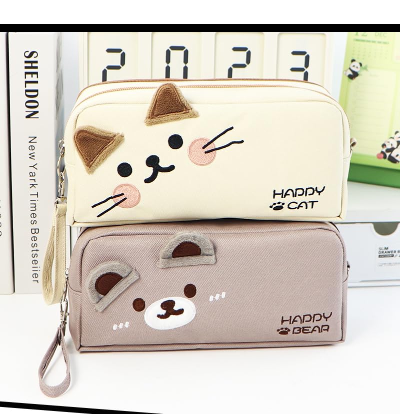 KGJGFX Doubel Layer Large Capacity Pencil Case with Embroidered Cats Grid Compartment of Pen Slots in Black & White Pen Holders Pen Pouch (Beige Cat with 3 Layers)