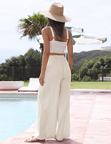 Faleave Women's Cotton Linen Summer Palazzo Pants Flowy Wide Leg Beach Trousers with Pockets(Apricot-XS)