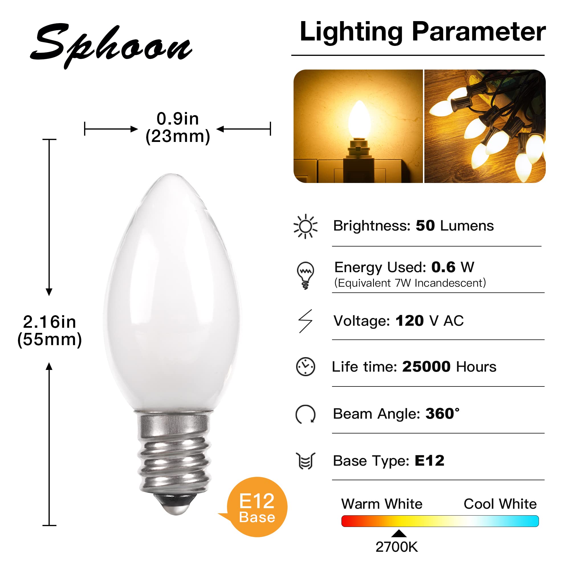 Sphoon C7 Candelabra Led Light Bulbs, Small Night Light Bulb, 0.6 Watt Equivalent 7W Incandescent, E12 120V Lamp, Warm White 2700K Nightlight Replacement Bulb for Window Candle & Chandeliers, 5 Pack