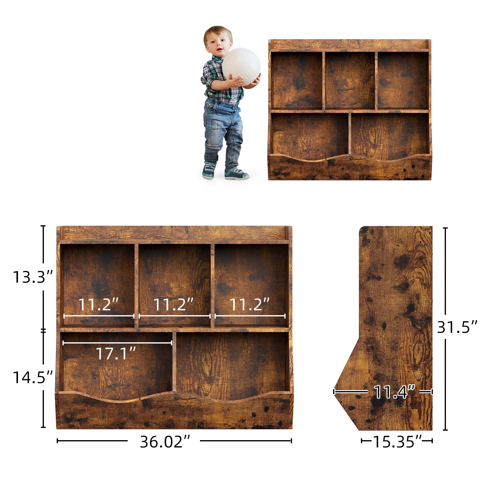 coucheta Toy Bookcase and Bookshelf, Multi Shelf with Cubby Organizer Cabinet for Storage Books and Toys, for Bedroom, Playroom and Hallway (Retro Brown)