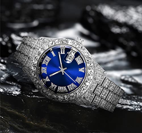 Hip Hop Iced Out Men's Rhinestone Watch Diamond Analog Quartz Watch (Blue)