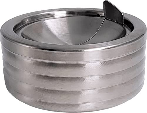 Grooved Silver Classic Metal Ashtray with a Lid for Cigarettes - Windproof Outdoor Ashtrays Can Patio Outdoor Indoor Decorative Fancy Ash Tray