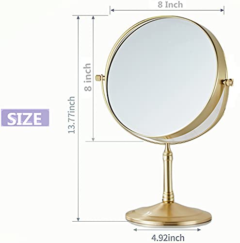 HIHIA Brushed Gold Makeup Mirror Tabletop, Double-Side 1X-10X, Freestanding 360 Swivel Cosmetic Vanity Mirror for Table Desk, Made of Copper, No Light Brushed Gold (8 Inch, 10X)