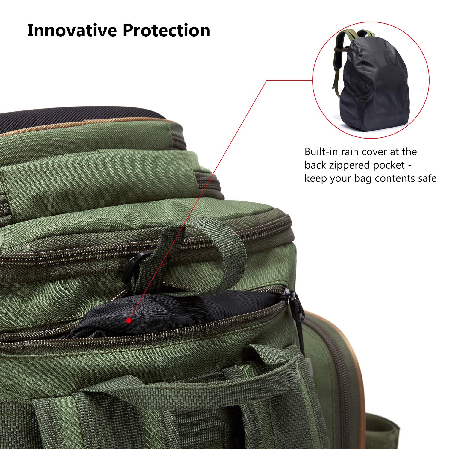 BASSDASH Fishing Tackle Backpack Water Resistant Lightweight Tactical Bag Soft Tackle Box with Rod Holder and Protective Rain Cover