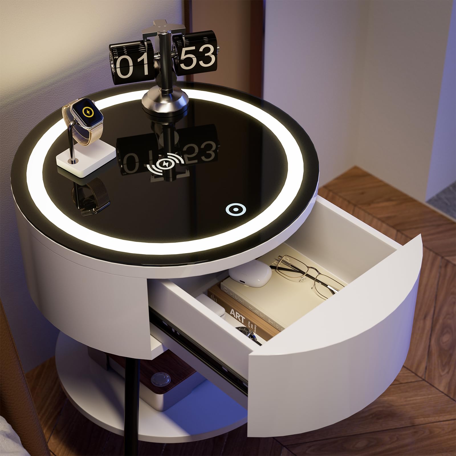 AOVSA Modern LED End Table Nightstands with USB Ports and Wireless Charging, Side Table with Storage Drawer Cabinet and 3-Color Temperature LED Lights for Living Room Bedroom-White