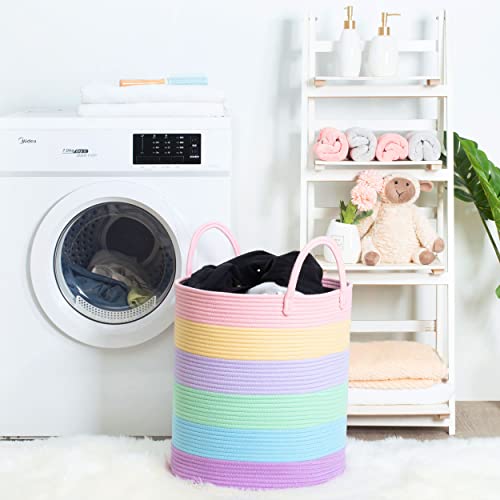 MINTWOOD Design Large Decorative Woven Cotton Rope Basket, Tall Laundry Basket Hamper, Blanket Basket for Living Room, Storage Baskets for Toys, Towel, Throw, Pillow, 60L Pastel Rainbow