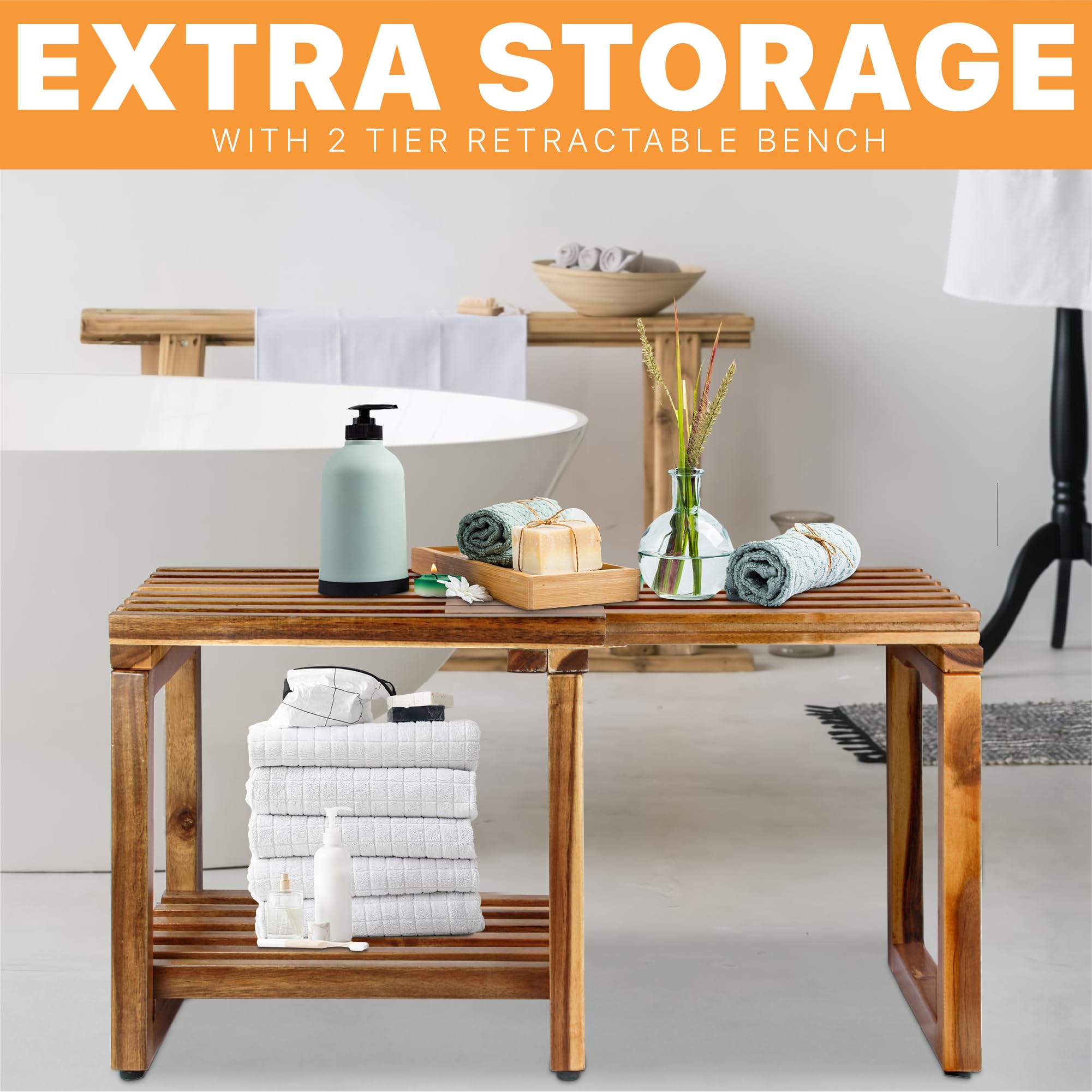 ENKEZI Adjustable Length 29.5 Inches Shower Stool Bench Chair Waterproof with Storage Shelf for Shaving Legs, Spa, Bath Seat in Bathroom, Inside Shower for Adults Seniors Elderly
