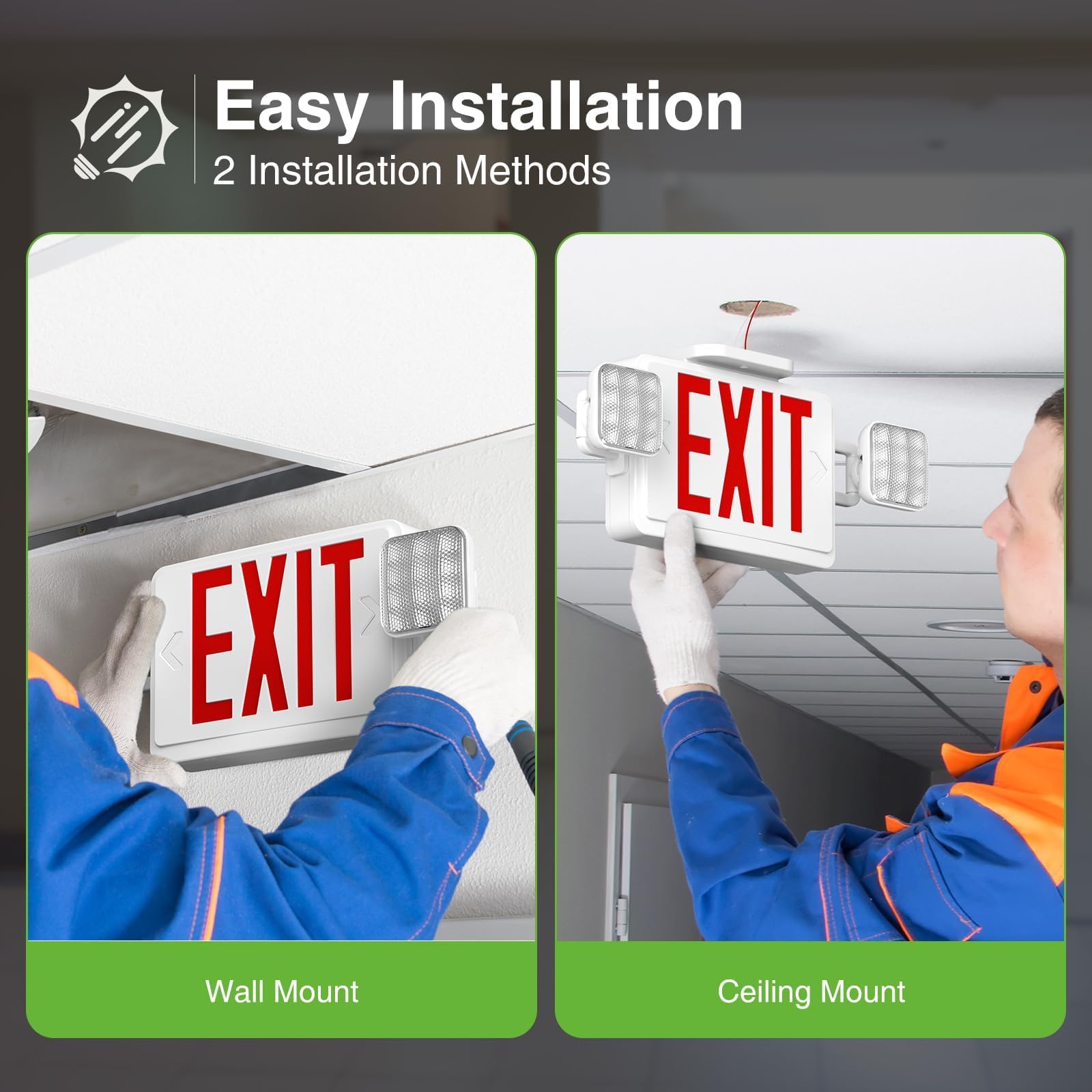 FREELICHT 2 Pack LED Exit Sign with Emergency Lights,Adjustable LED Emergency Exit Lights with Battery Backup,Exit Sign for Business,Easy To Install,UL Certified,AC 120/277V