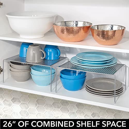 mDesign Large Raised Metal Kitchen Pantry Stacking Plate Organizer Storage Shelves, Cabinet Shelf Rack for Cupboard, Cabinet - Store Food, Dishes, Bowls, Mugs, Concerto Collection, 2 Pack, Silver