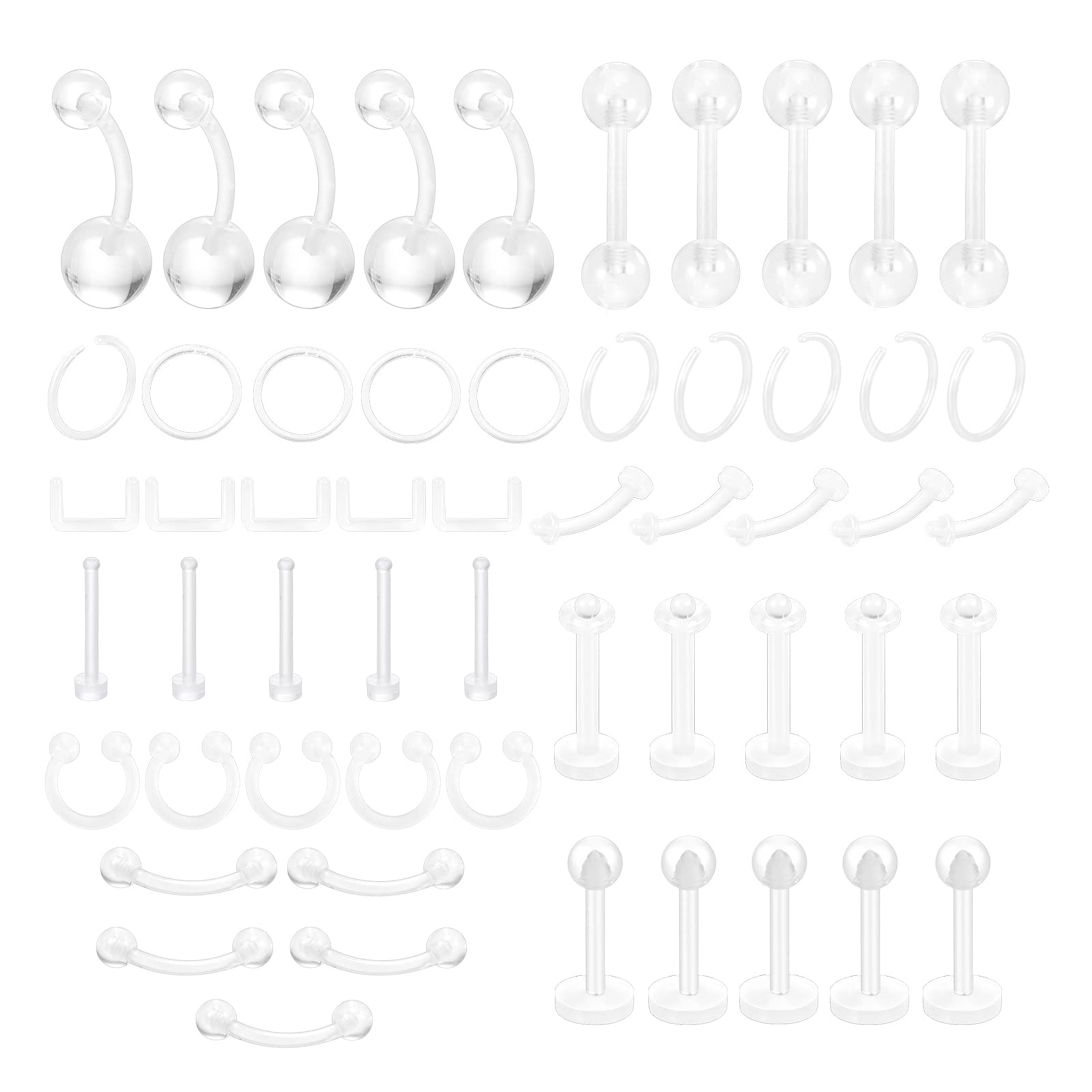 Aumeo 55PCS Clear Piercing Retainer Bioflex Nose Septum Lip Ring Studs Tongue Belly Button Rings Cartilage Tragus Earrings Horseshoe Plastic Plastic Piercing Retainer for Work Surgery