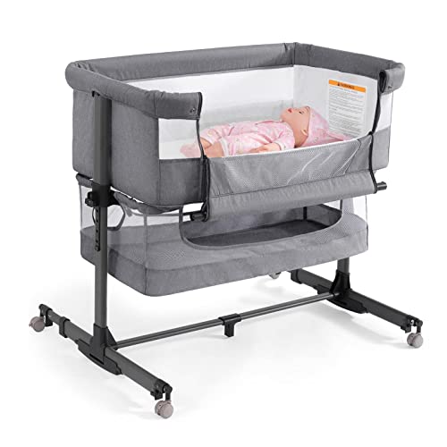 Ihoming Bassinet Bedside Sleeper for Baby, 3 in 1 Convertible Design, lnfant Bed & Bed Side Sleeper & Cradle Bassinets, Newborn Bedside Crib Attaches to Bed, Deep Grey