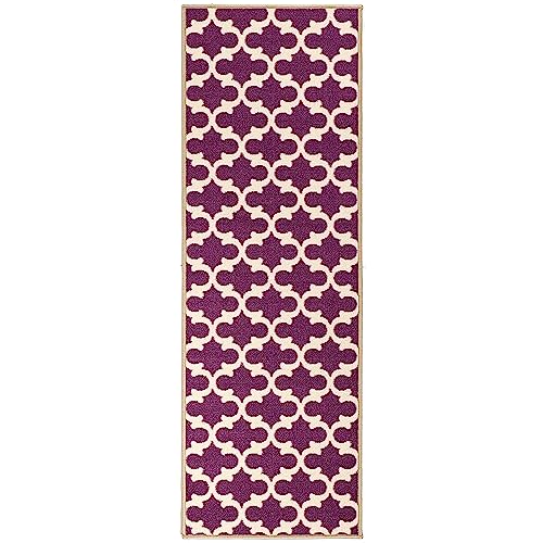 Machine Washable Moroccan Trellis Design Non-Slip Rubberback 2x5 Traditional Indoor Runner Rug for Hallway, Kitchen, Bedroom, Entryway, 20" x 59", Purple