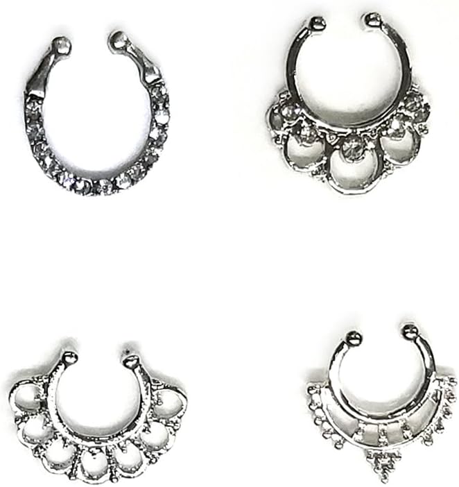Aoyoho 21Pcs Fake Septum Clicker Nose Ring Rhinestone Non Piercing Hanger Clip Body Jewelry (Silver)
