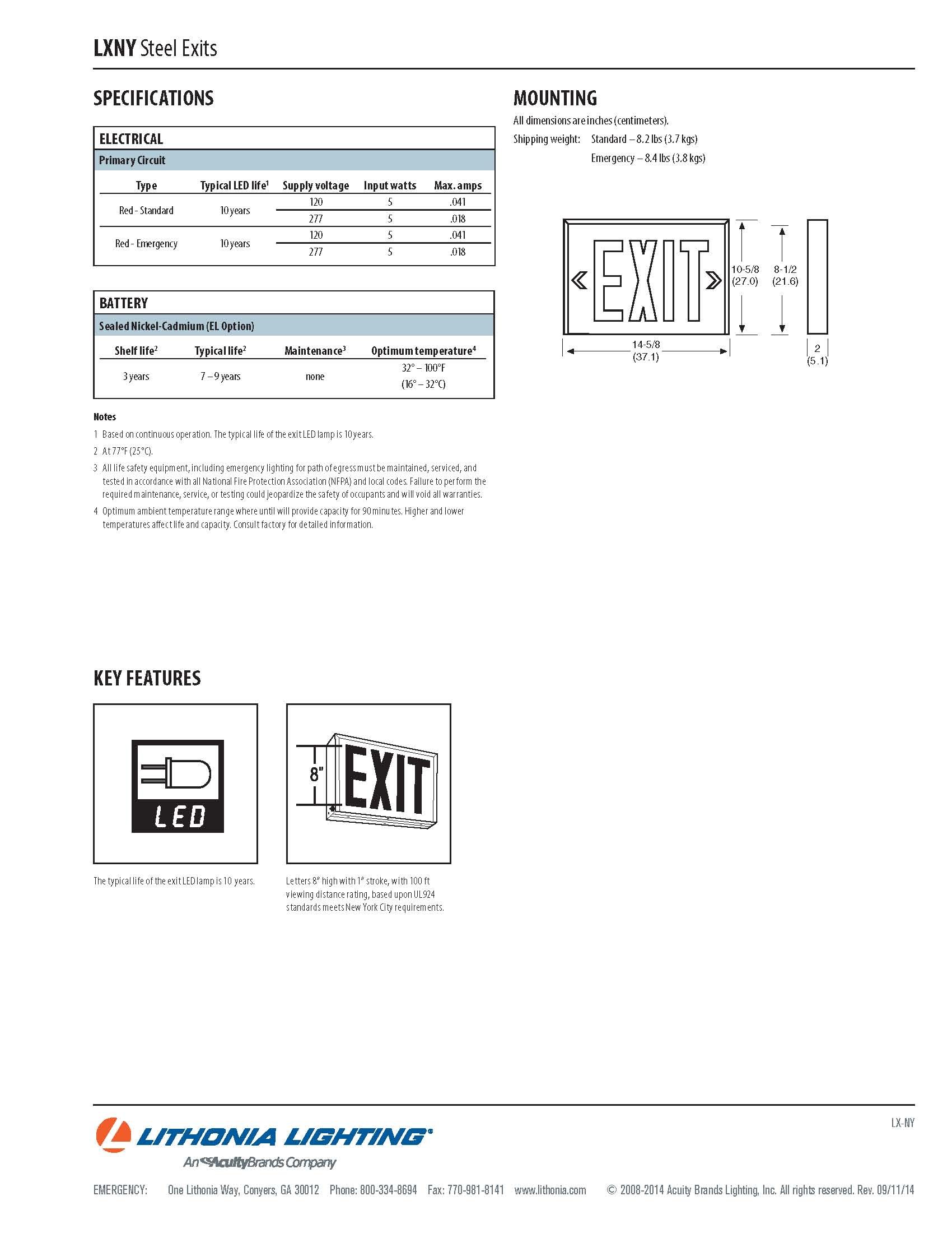 Lithonia Lighting LX W 3 R EL N LED Titan Steel Emergency Exit Sign, 4 watts, White