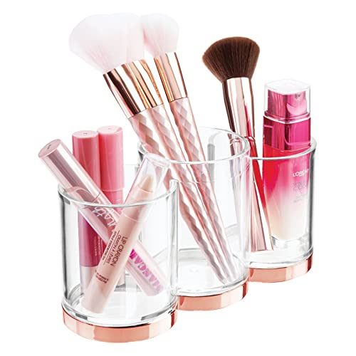 mDesign 3- Section Makeup Brush Organizer for Bathroom Vanity - Plastic Brush Holder for Makeup - Storage Cup for Eyeliner, Lipstick, Concealer - Cosmetic Holder, Lumiere Collection, Clear/Rose Gold