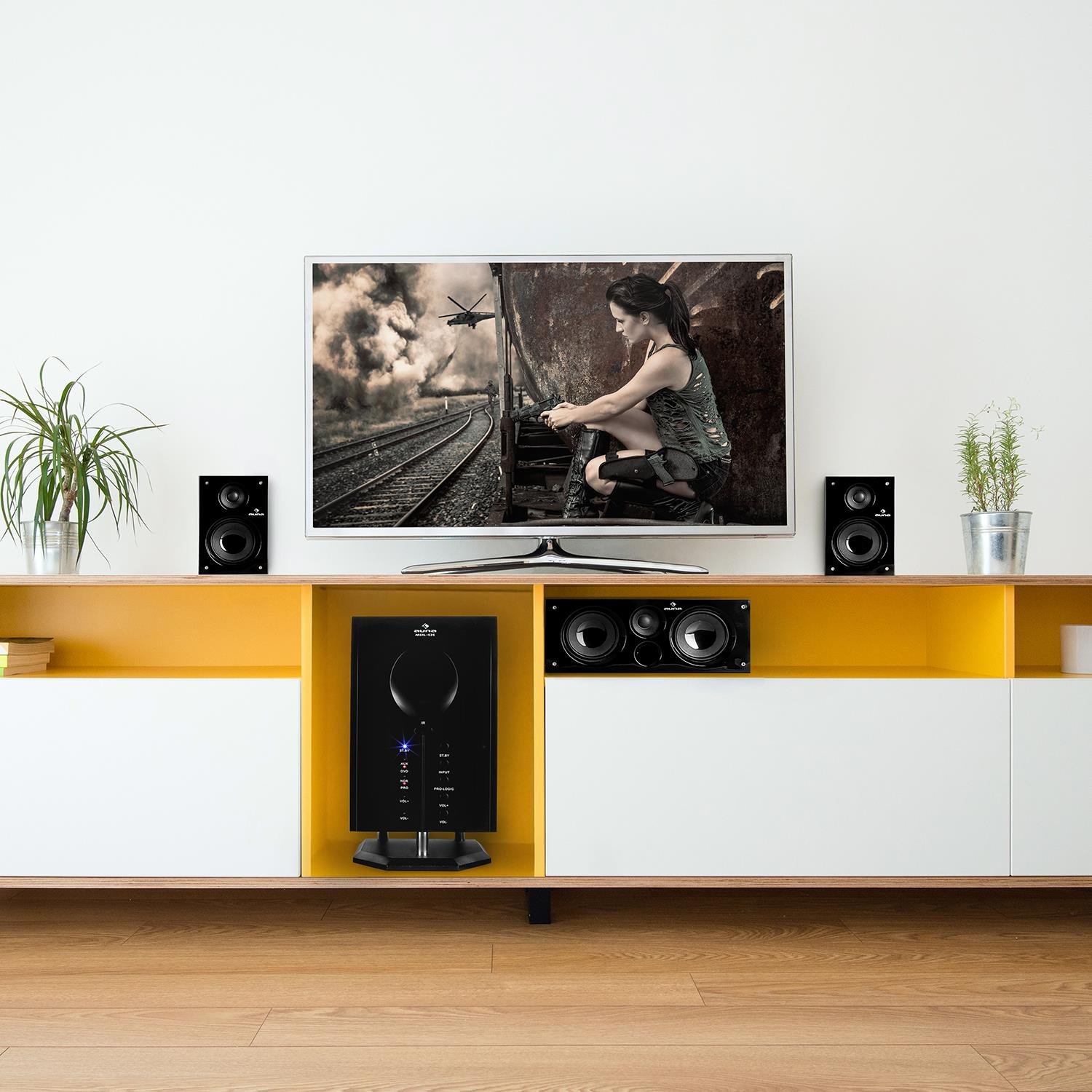 AUNA Areal Active 525-5.1 Surround Sound System, Home Theater System, Elegant Design, Bass Reflex, 5 Satellite Speakers, Bluetooth, USB Port, SD, AUX, Walnut