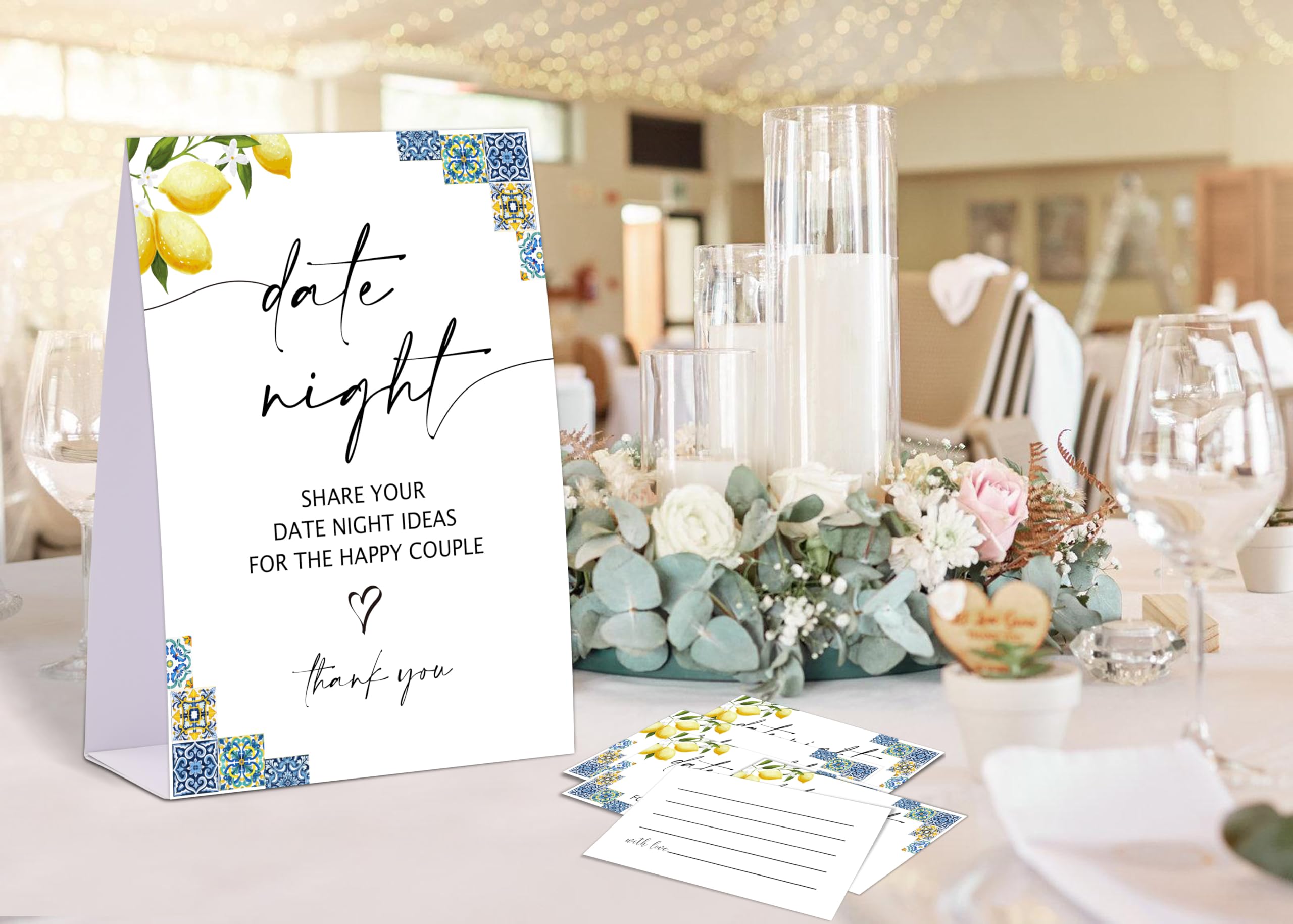 Blue Tiles and Lemons Date Night Game, Date Night Ideas Sign with 50 Cards, Bridal Shower Game, Modern Bridal Shower Decorations, Wedding Date Night Advice - 02
