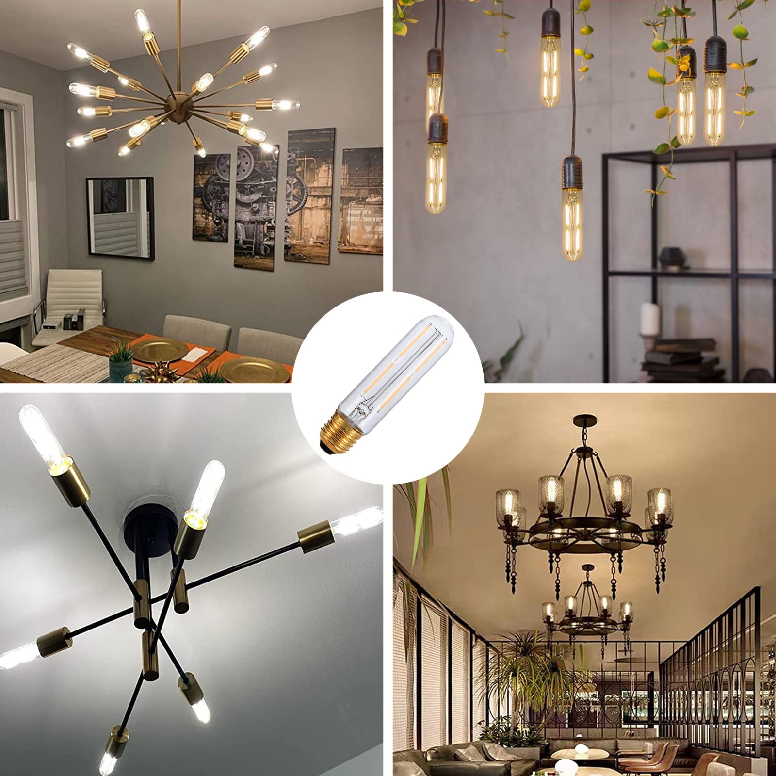 TIANSHQ 6 Pcs E26 T10 LED Tubular Light Bulbs, Daylight White Edison Bulb 4000K 4W Dimmable T10 Led Bulb for Pendant Lights, Lamps, Outdoor Long Light Bulbs (4W, 4000K)
