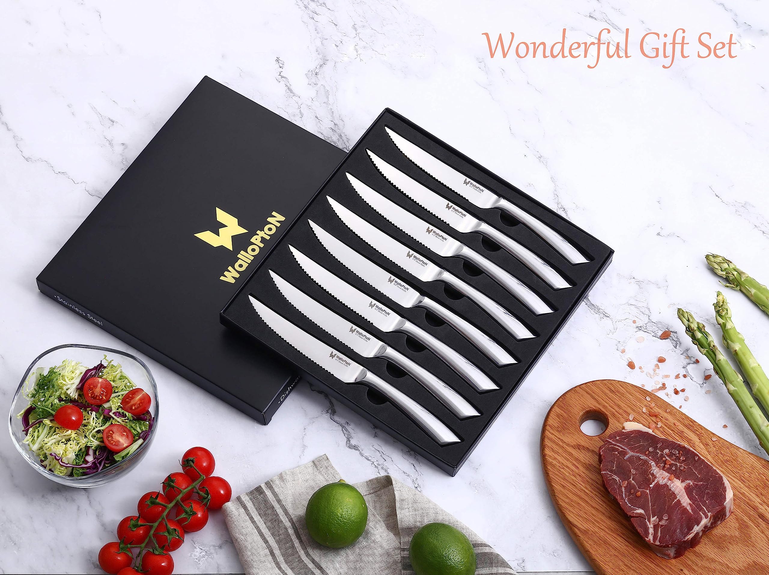 WALLOPTON Steak Knives Set of 8 - High Carbon Stainless Steel, Dishwasher Safe - Polished Blade & Handle, Straight Edge - 4.5'' Kitchen Dinner Table Knife Set Non Serrated