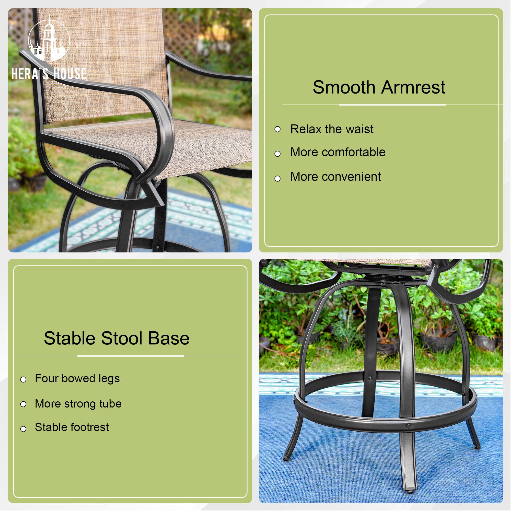 HERA'S HOUSE Outdoor Swivel Bar Stools, Counter Bar Height Patio Bar Stool Chairs with Solid Back & Armrest, All Weather Textilene Sling Fabric Chair for Deck Lawn Garden