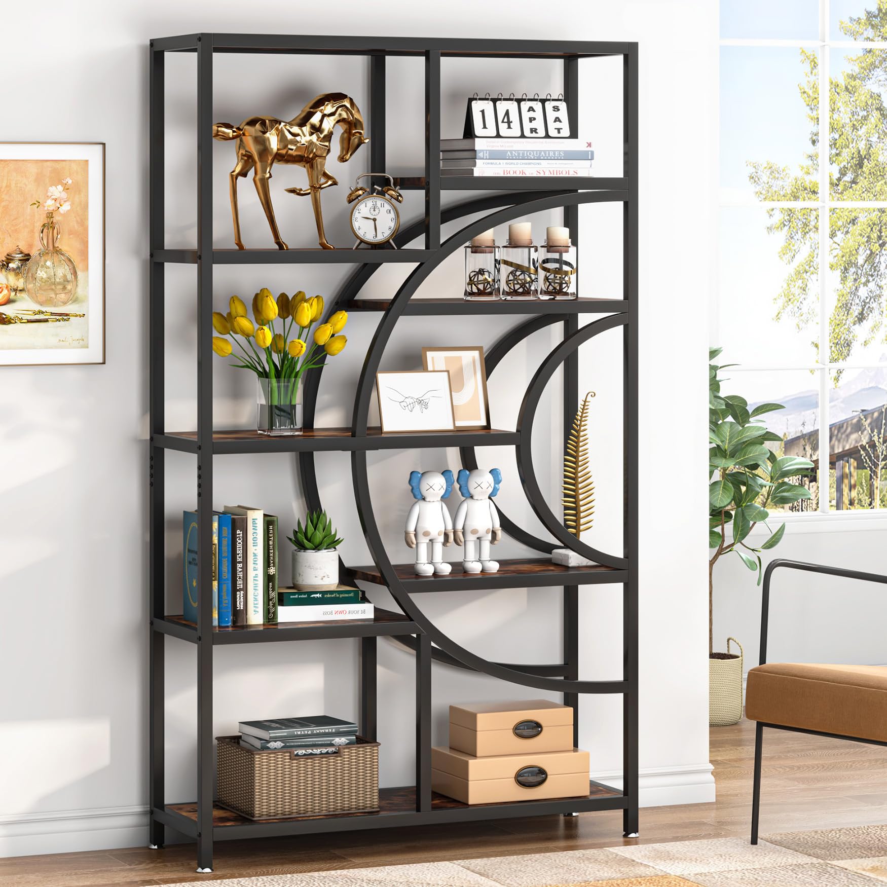 TIYASE 5-Shelves Bookshelf Industrial Etagere Bookcase,71 Inch Tall Staggered Bookcase,Wood Freestanding Open Display Book Shelves Storage Organizer for Living Room Office, Rustic Brown