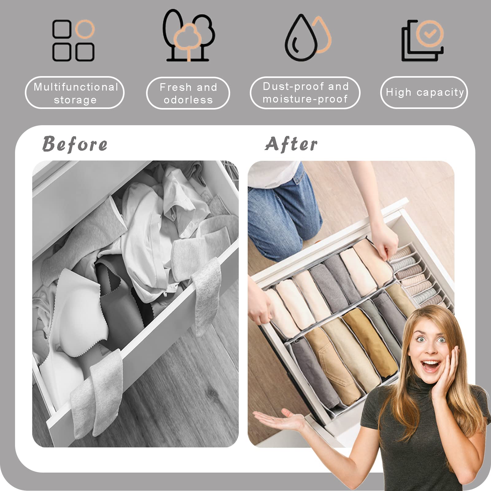 ULENDIS 9 Pack Wardrobe Clothes Organizer for Drawers, Foldable Clothes Drawer Mesh Separation Box, Drawer Dividers for Clothes Pants Jeans T Shirt (2Jeans+2Bra+(Legging+Shirt+Panties+Sock)*1)