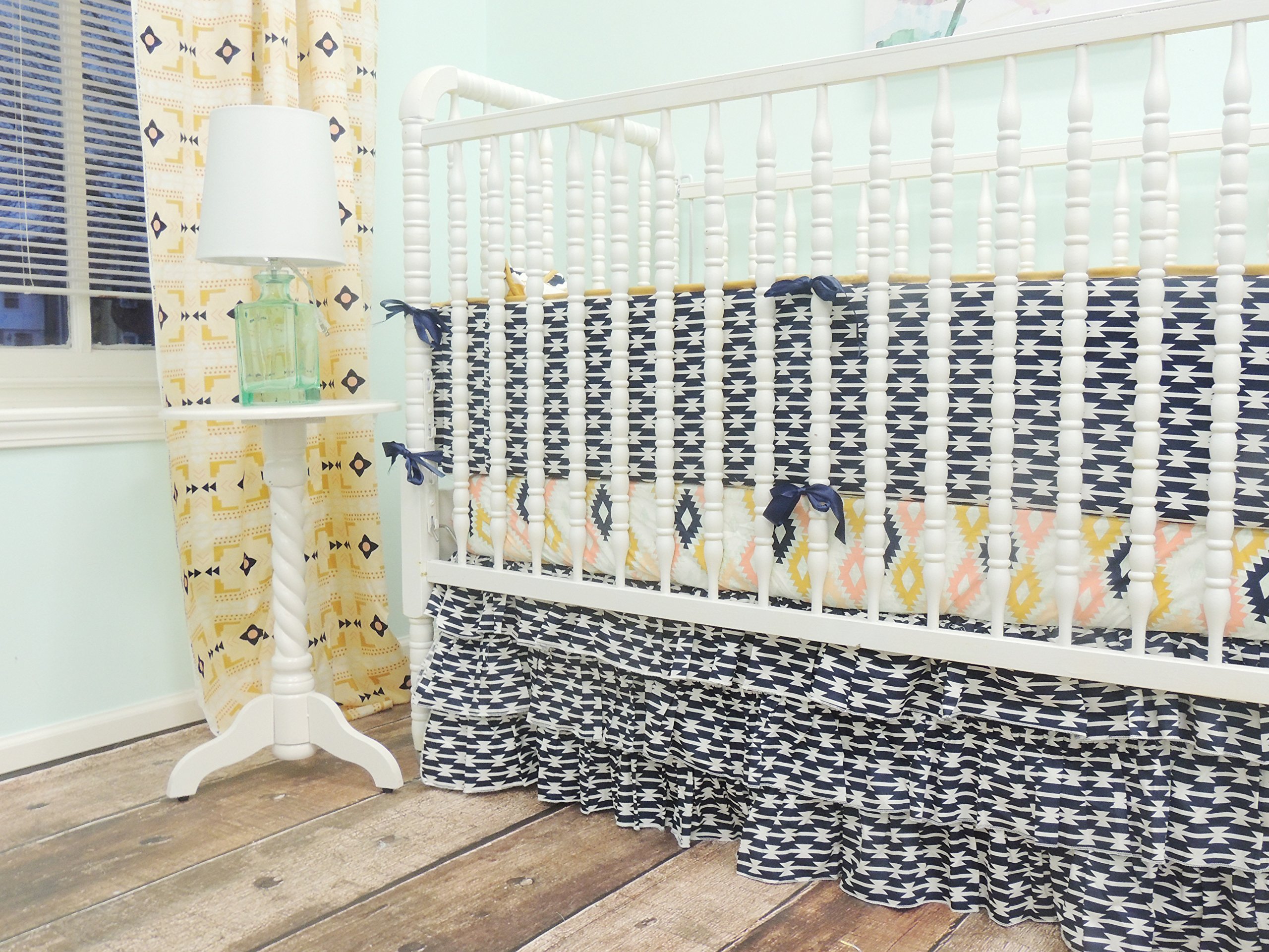 Tushies and Tantrums Aztec Crib Bedding, Ruffle Skirt, Mint/Peach/Gold/Navy Blue
