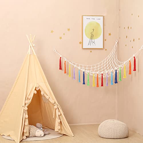 iKeelo 74x56x56 Macrame Toy Storage Hammock for Stuffed Animals, Fits 50-80 Plushies, Wall Hanging Toy Organizer for Kids Bedroom, Nursery and Playroom