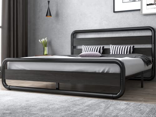 SHA CERLIN King Size Platform Bed Frame with Wooden Headboard and Footboard, Heavy Duty Metal Bed Frame with 10" Under-Bed Storage, Noise-Free, No Box Spring Needed, Black