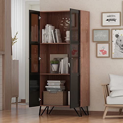 ECACAD 3-Tier Tall Bookcase Storage Cabinet with 2 Acrylic Glass Doors, Wood Bookshelf Display Cabinet with Metal Legs for Living Room & Office, Brown and Black (31.5”L x 15.9”W x 70.7”H)