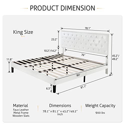 SHA CERLIN King Size Bed Frame with Button Tufted Headboard, Faux Leather Upholstered Mattress Foundation, Platform Bed Frame, Wooden Slat Support, No Box Spring Needed, White